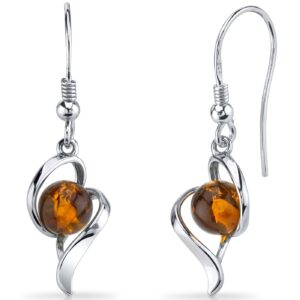 peora genuine baltic amber open spiral dangle earrings for women 925 sterling silver, round shape, rich cognac color, fishhooks