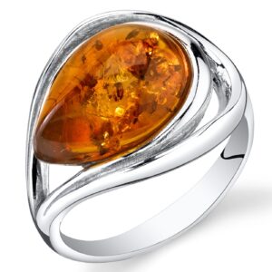 peora genuine baltic amber teardrop statement ring for women in sterling silver, rich cognac color, open halo swirl design, comfort fit, size 8