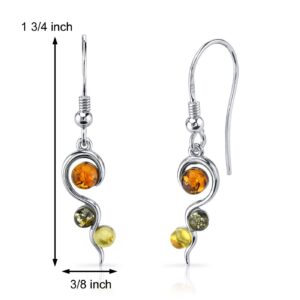 Peora Genuine Baltic Amber Earrings for Women 925 Sterling Silver, Three Stone Drop Design, Rich Multiple Colors, Fishhooks