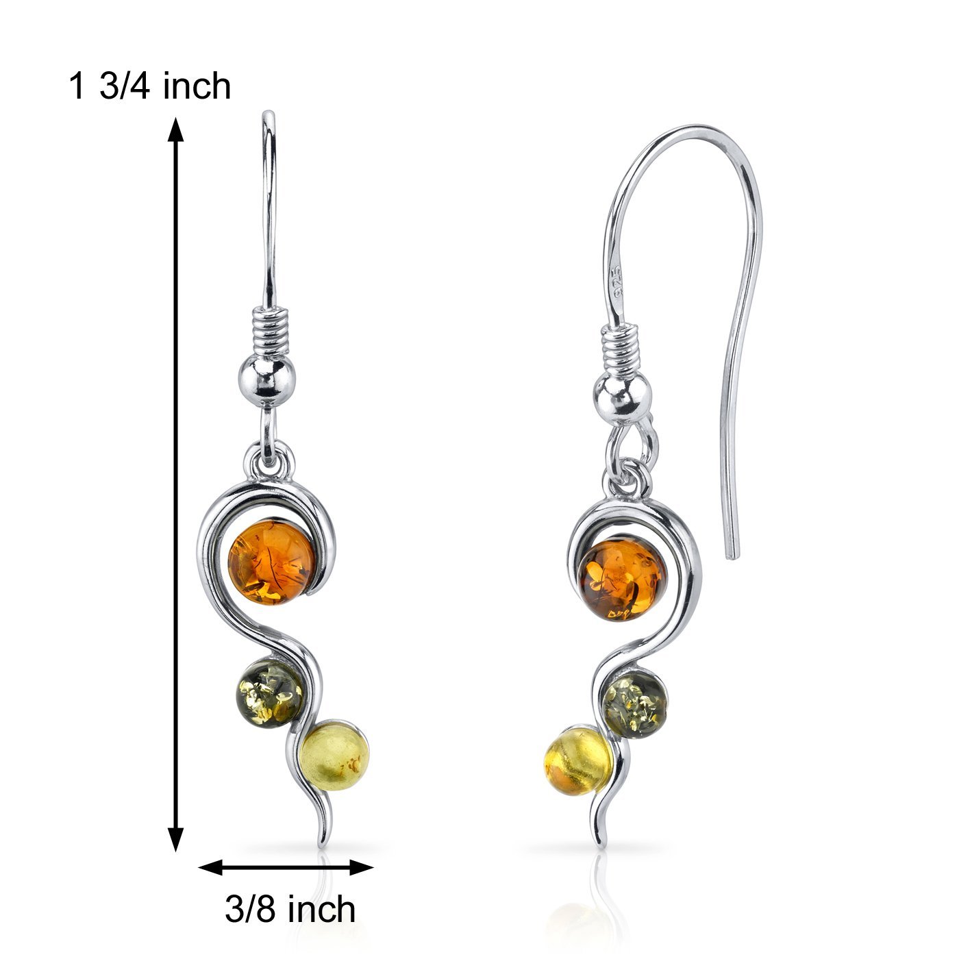 Peora Genuine Baltic Amber Earrings for Women 925 Sterling Silver, Three Stone Drop Design, Rich Multiple Colors, Fishhooks