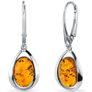 peora genuine baltic amber dangle earrings for women 925 sterling silver, solitaire studs, oval shape, rich cognac color, lever backs