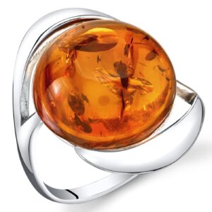 peora genuine baltic amber large round swirl ring for women in sterling silver, rich cognac color, comfort fit, size 8