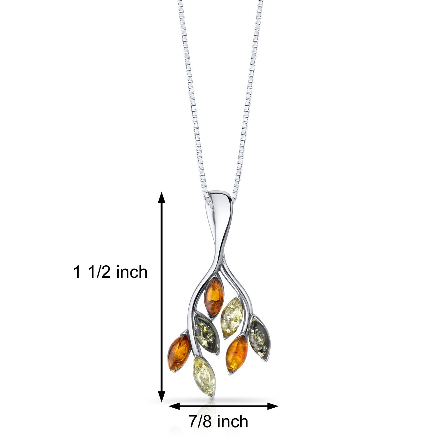 PEORA Genuine Baltic Amber Leaf Drop Pendant Necklace for Women 925 Sterling Silver, Rich Multiple Colors, with 18 inch Chain