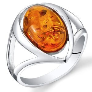 peora genuine baltic amber ring for women in sterling silver, rich cognac color, oval shape solitaire, comfort fit, size 9