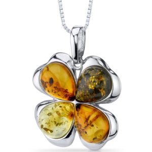 peora genuine baltic amber shamrock lucky clover pendant necklace for women 925 sterling silver, rich cognac, honey and olive green colors, with 18 inch chain