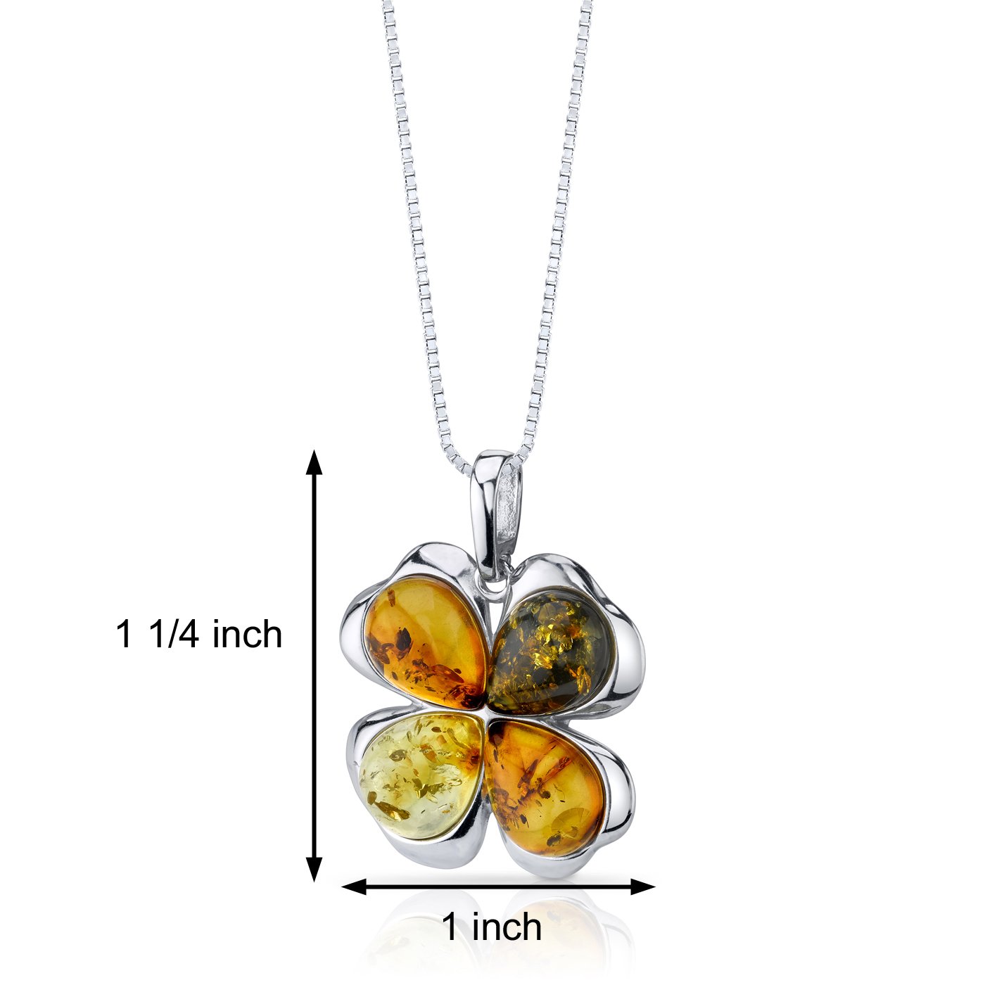 PEORA Genuine Baltic Amber Shamrock Lucky Clover Pendant Necklace for Women 925 Sterling Silver, Rich Cognac, Honey and Olive Green Colors, with 18 inch Chain