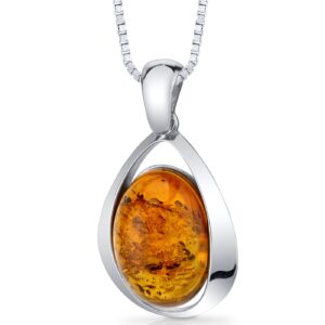 peora genuine baltic amber floating solitaire pendant necklace for women 925 sterling silver, rich cognac color, with 18 inch chain