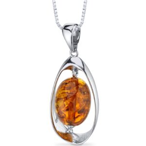 peora genuine baltic amber floating solitaire pendant necklace for women 925 sterling silver, rich cognac color, oval shape, with 18 inch chain