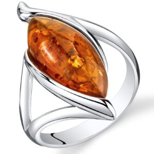 peora genuine baltic amber ring for women in sterling silver, rich cognac color, marquise shape elliptical solitaire, comfort fit, size 9