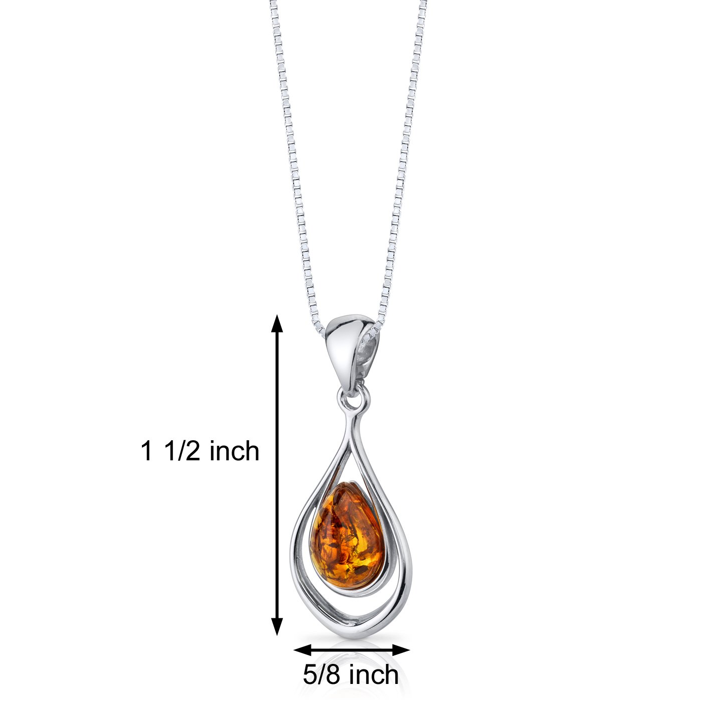 PEORA Genuine Baltic Amber Pendant Necklace for Women 925 Sterling Silver, Open Teardrop Pear Shape, Rich Cognac Color, with 18 inch Chain