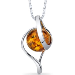 peora genuine baltic amber open spiral pendant necklace for women 925 sterling silver, round shape, rich cognac color, with 18 inch chain