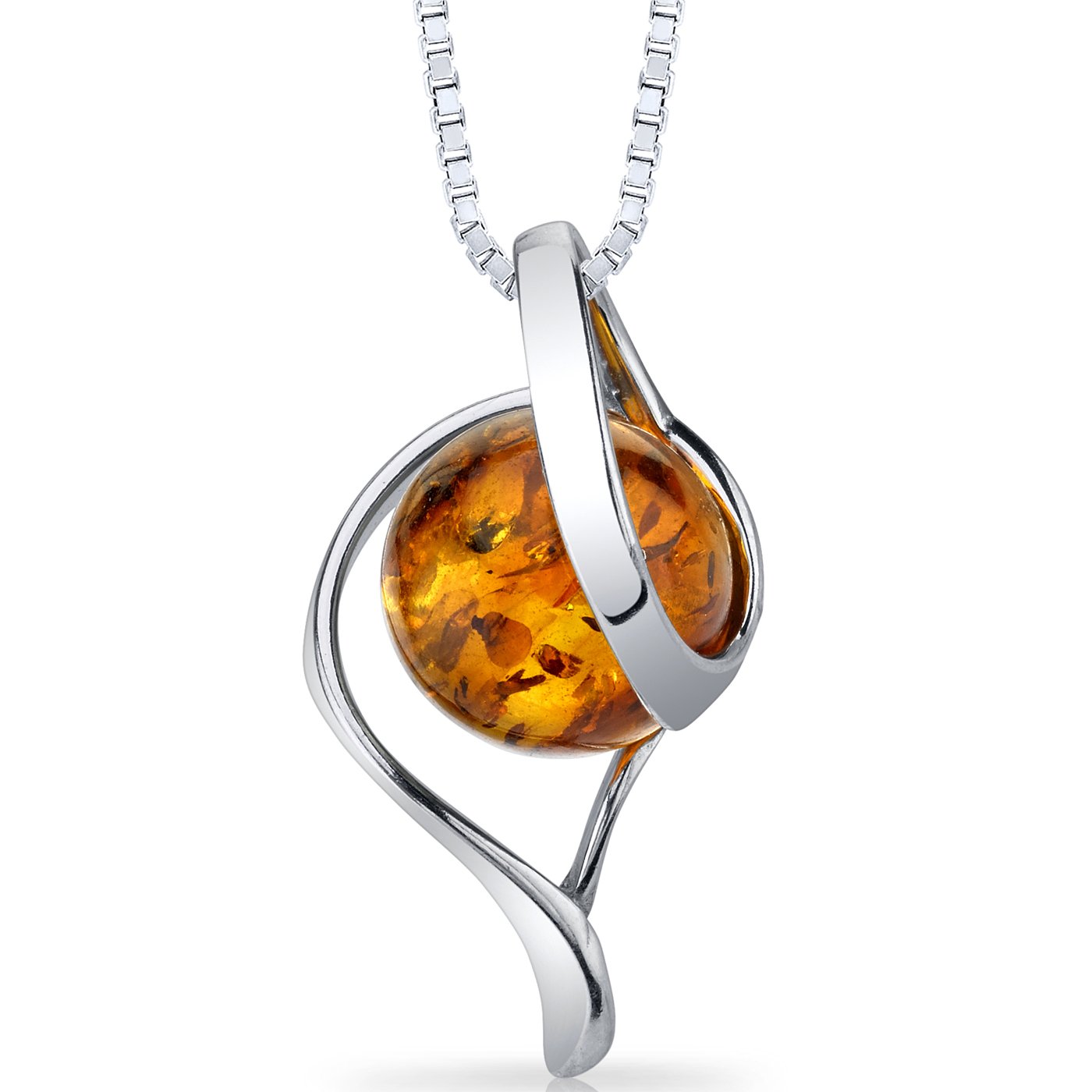 PEORA Genuine Baltic Amber Open Spiral Pendant Necklace for Women 925 Sterling Silver, Round Shape, Rich Cognac Color, with 18 inch Chain