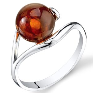 peora genuine baltic amber round solitaire ring for women 925 sterling silver, rich cognac color, size 9