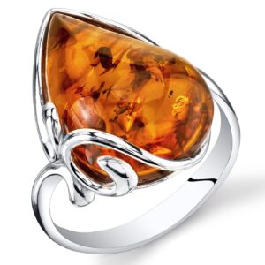 peora genuine baltic amber ring for women 925 sterling silver, large teardrop shape, rich cognac color size 9