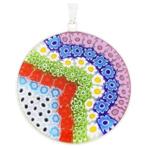 glassofvenice murano glass millefiori pendant in silver frame 1-1/2"