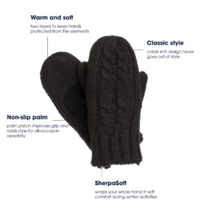 isotoner womens Chunky Cable Knit Sherpasoft cold weather mittens, Black, One Size US