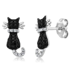 gem stone king 925 sterling silver black and white cubic zirconia cz cat stud earrings for women (0.54 cttw, 1/2 inch)