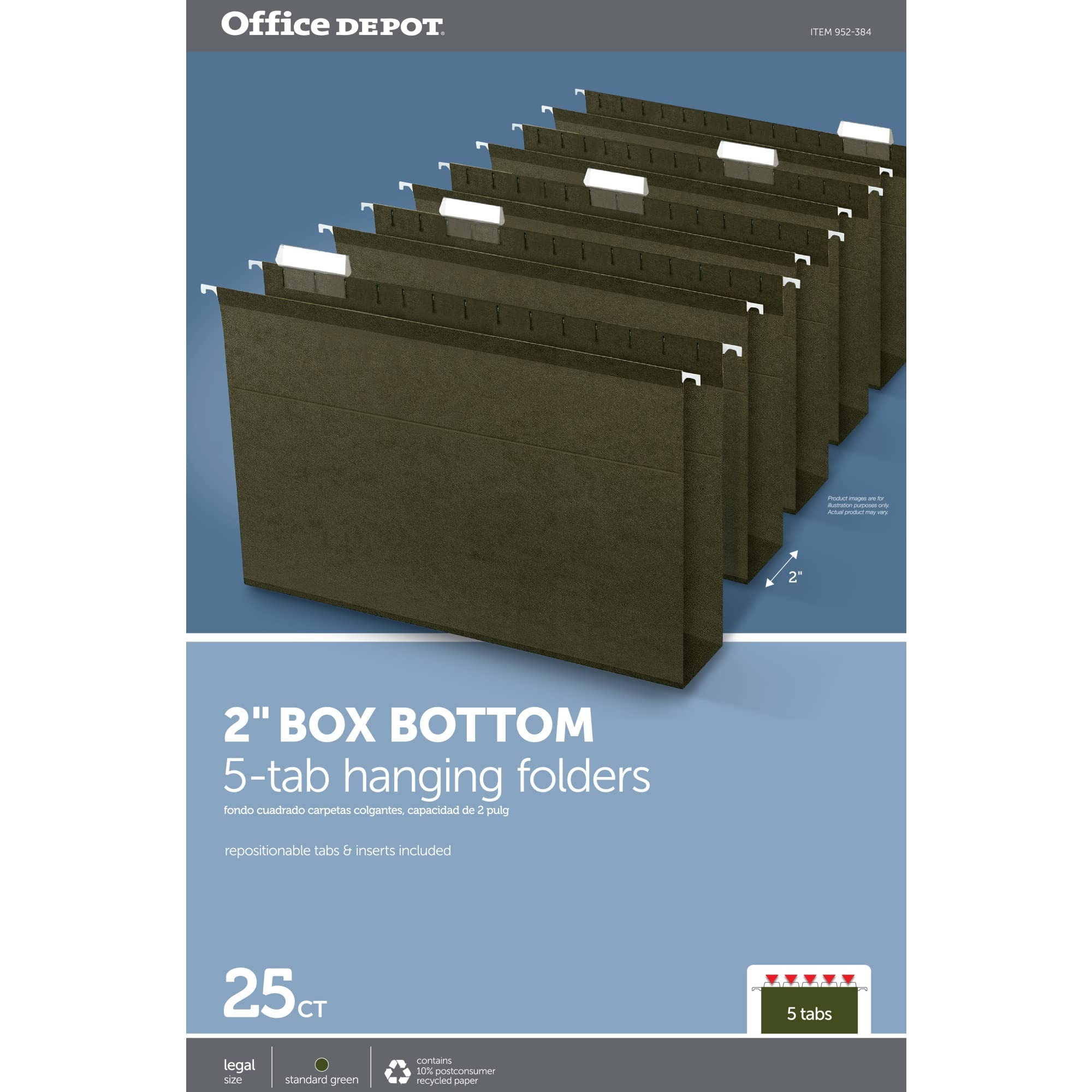 Office Depot Box Bottom Hanging File Folders, 2in. Expansion, Legal Size, Standard Green, Pack of 25, 406090OD