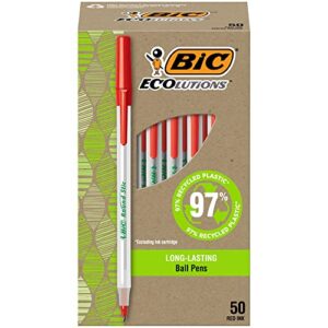 bic revolution round stic ball point red pens, medium point (1.0mm), made from 74% recycled plastic, red pens, 50-count