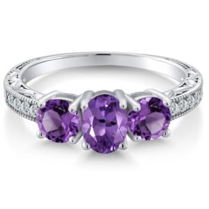 Gem Stone King 925 Sterling Silver Purple Amethyst 3 Stone Engagement Ring For Women (1.77 Cttw, Gemstone Birthstone, Available In Size 5, 6, 7, 8, 9)