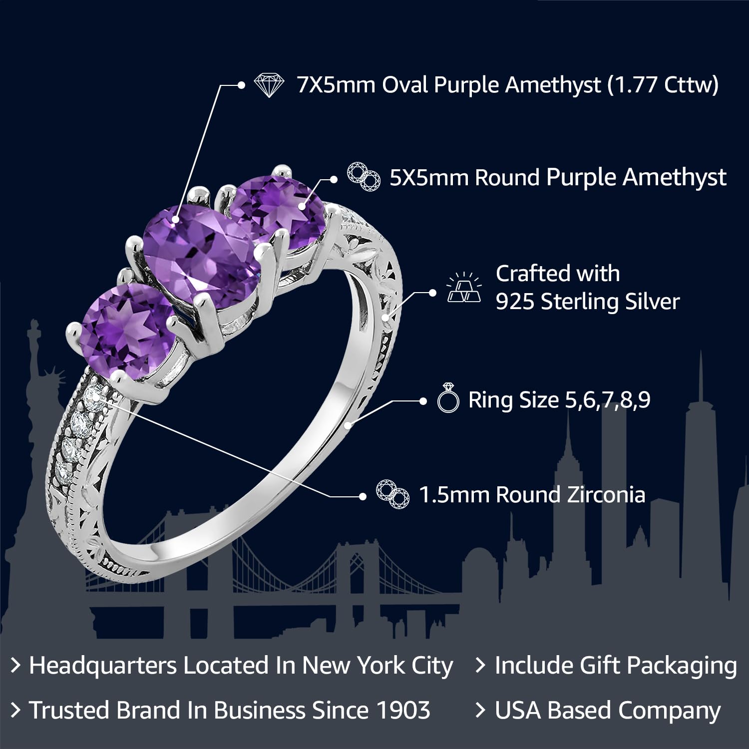 Gem Stone King 925 Sterling Silver Purple Amethyst 3 Stone Engagement Ring For Women (1.77 Cttw, Gemstone Birthstone, Available In Size 5, 6, 7, 8, 9)