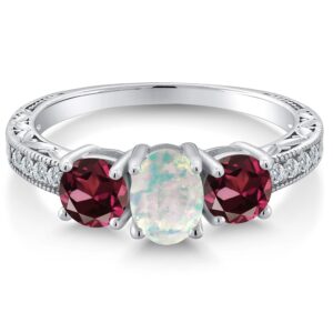 Gem Stone King 925 Sterling Silver Cabochon White Simulated Opal and Red Rhodolite Garnet Women's Ring (1.95 Cttw, Available In Size 5, 6, 7, 8, 9)