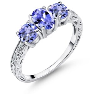 gem stone king 1.79 cttw blue tanzanite 3-stone ring in 925 sterling silver | gemstone birthstone | three stone wedding engagement ring for women | available in size 5, 6, 7, 8, 9