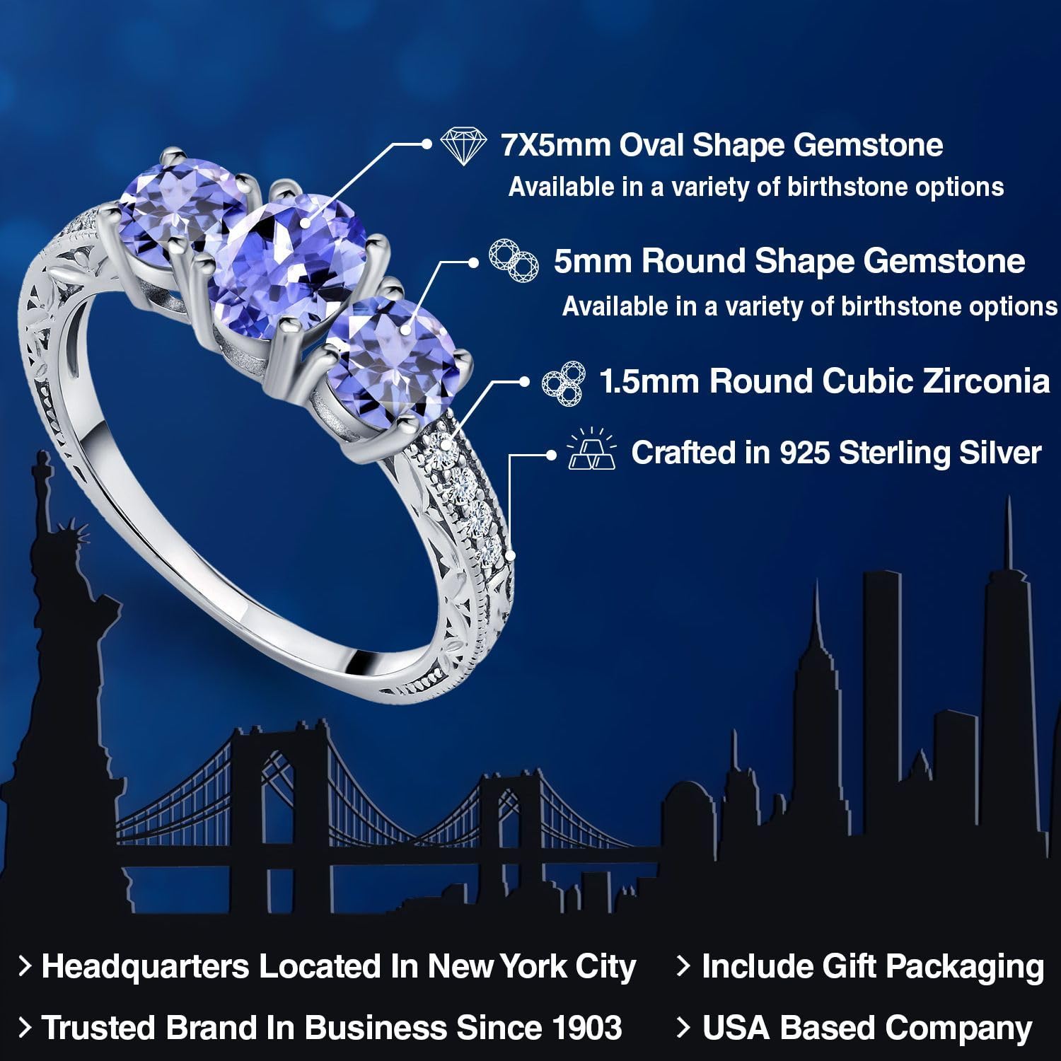 Gem Stone King 1.79 Cttw Blue Tanzanite 3-Stone Ring In 925 Sterling Silver | Gemstone Birthstone | Three Stone Wedding Engagement Ring For Women | Available in size 5, 6, 7, 8, 9