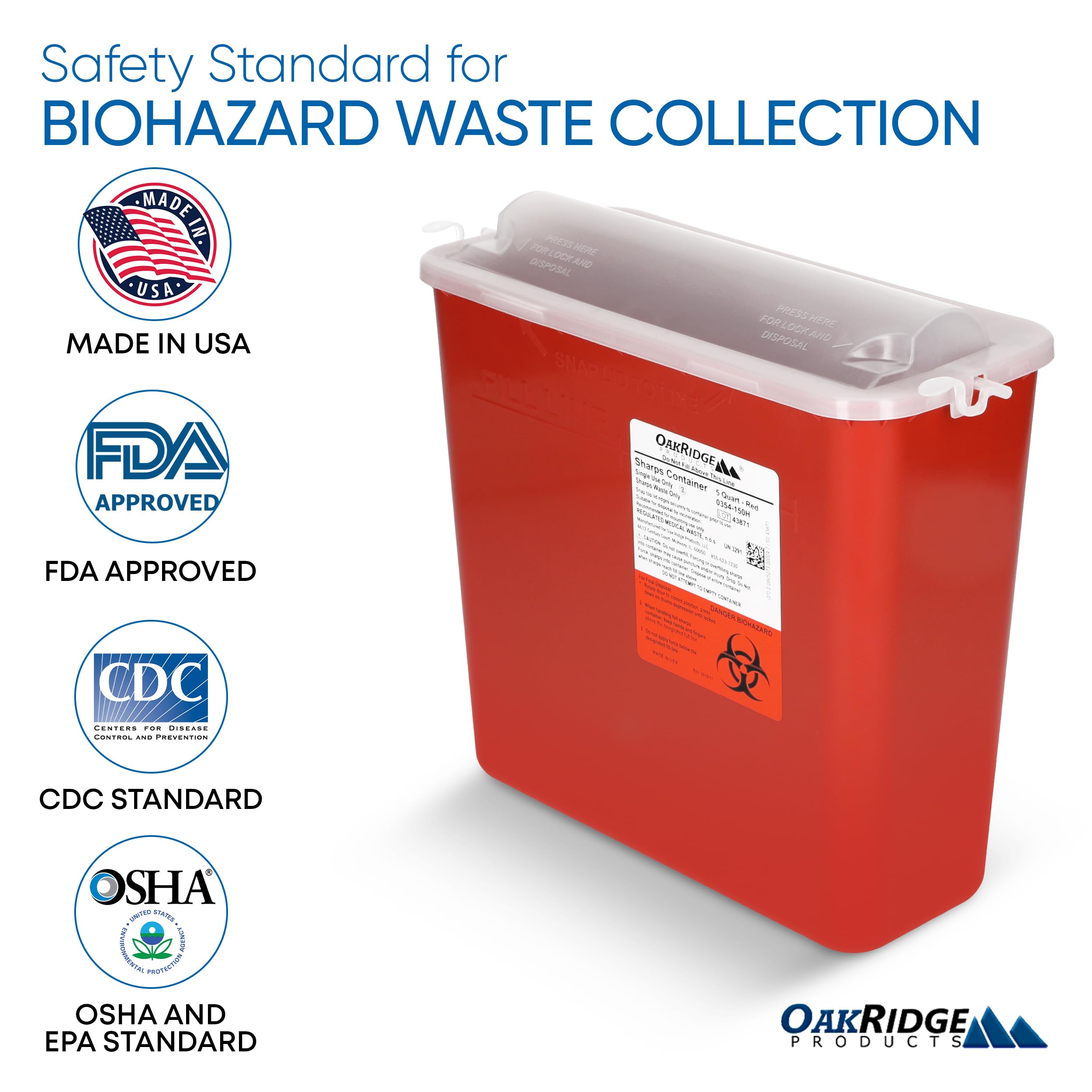 Oakridge Products Sharps Container for Home Use and Professional 5 Quart (1-Pack), Biohazard Needle and Syringe Disposal, Horizontal Drop Style Lid with levers, CDC Certified