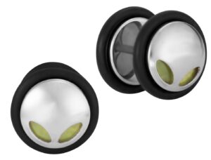 forbidden body jewelry 16g cheater plug earrings: 1/2 inch surgical steel glow in the dark alien eyes fake plugs