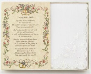 wedding handkerchief poetry hankie (groom’s mother to bride) white, lace embroidered bridal keepsake, beautiful poem card | long-lasting memento for the bride | includes gift storage box