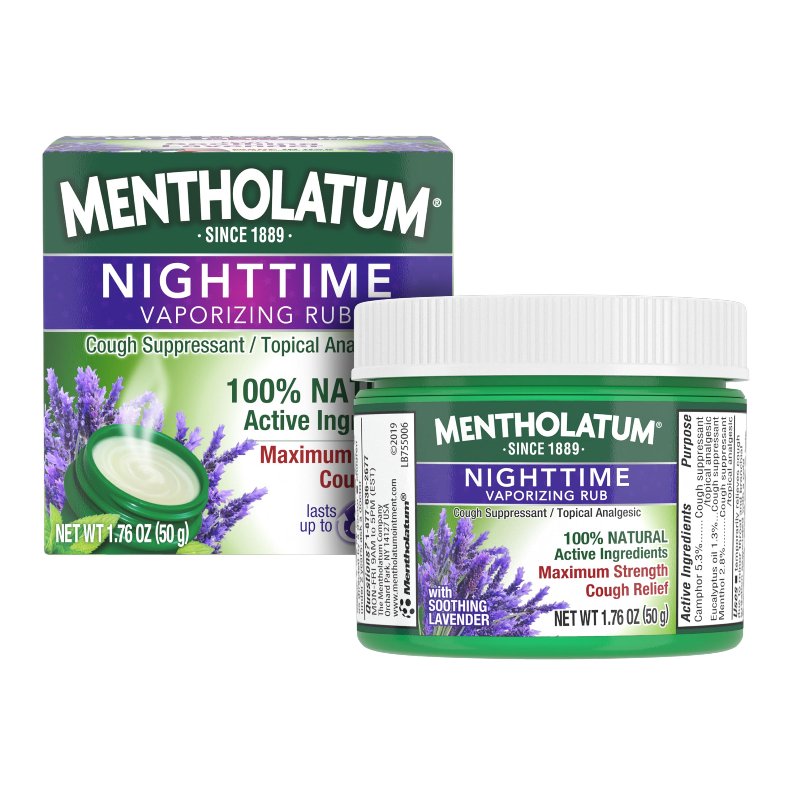 Mentholatum Nighttime Vaporizing Rub with soothing Lavender essence, 1.76 oz. (50 g) - 100% Natural Active Ingredients for Maximum Strength Cough Relief,5326