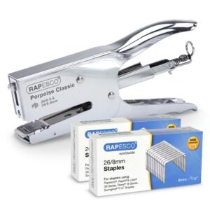 rapesco 1298a stapling set with porpoise packaging stapler with 10,000 type 26 standard 5/16" staples, 45 sheet capacity, chrome