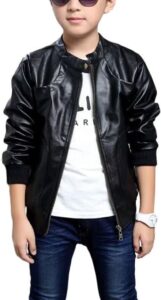 chinaface boy's trendy stand-collar pu leather spring moto jacket black-large (tag140, 9/10t)