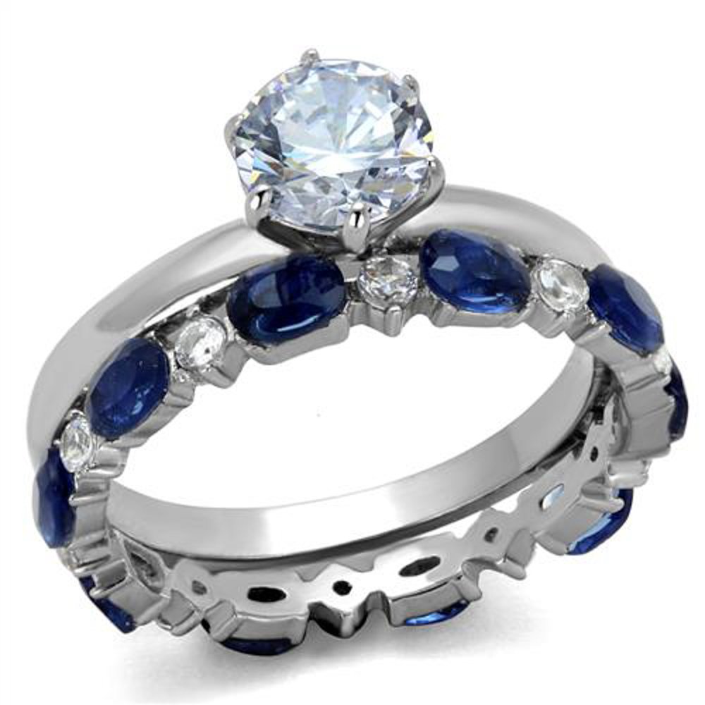 Marimor Jewelry 2.25 Carat Round Cut Clear and Blue Cubic Zirconia Stainless Steel Wedding Set Women's Size 9