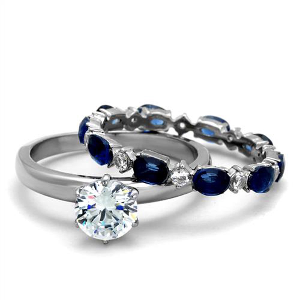 Marimor Jewelry 2.25 Carat Round Cut Clear and Blue Cubic Zirconia Stainless Steel Wedding Set Women's Size 9