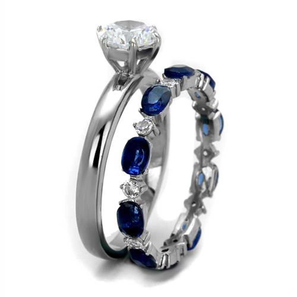 Marimor Jewelry 2.25 Carat Round Cut Clear and Blue Cubic Zirconia Stainless Steel Wedding Set Women's Size 9