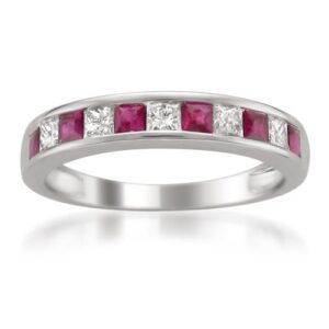 beyond brilliance 0.55 carat diamond, channel-set 14k white gold princess cut diamond and red ruby wedding band ring (h-i, i1-i2) natural diamond wedding band for women | gift box included size-4