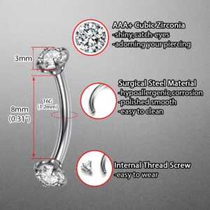 PiercingJ 2-5PCS 16G 3/8" (10MM) Stainless Steel Cubic Zirconia Gem(3MM) Internally Thread Curved Barbell Eyebrow Piercing Jewelry