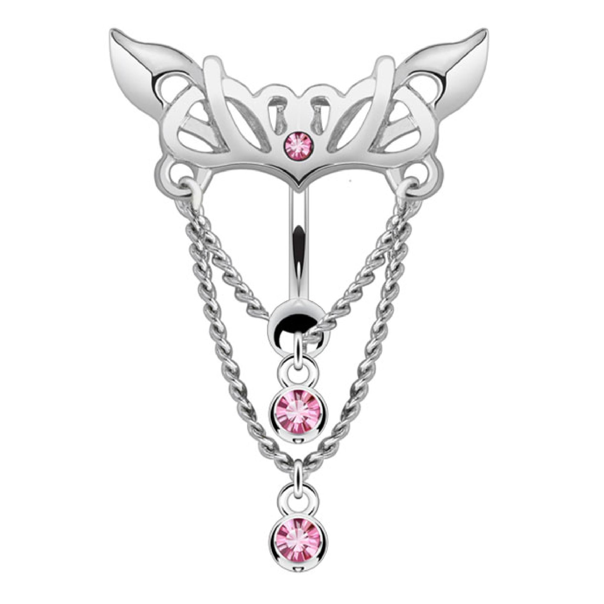 Forbidden Body Jewelry Surgical Steel Reverse Mount Sexy Tribal Pink CZ Jeweled Chains Dangle Belly Button Ring