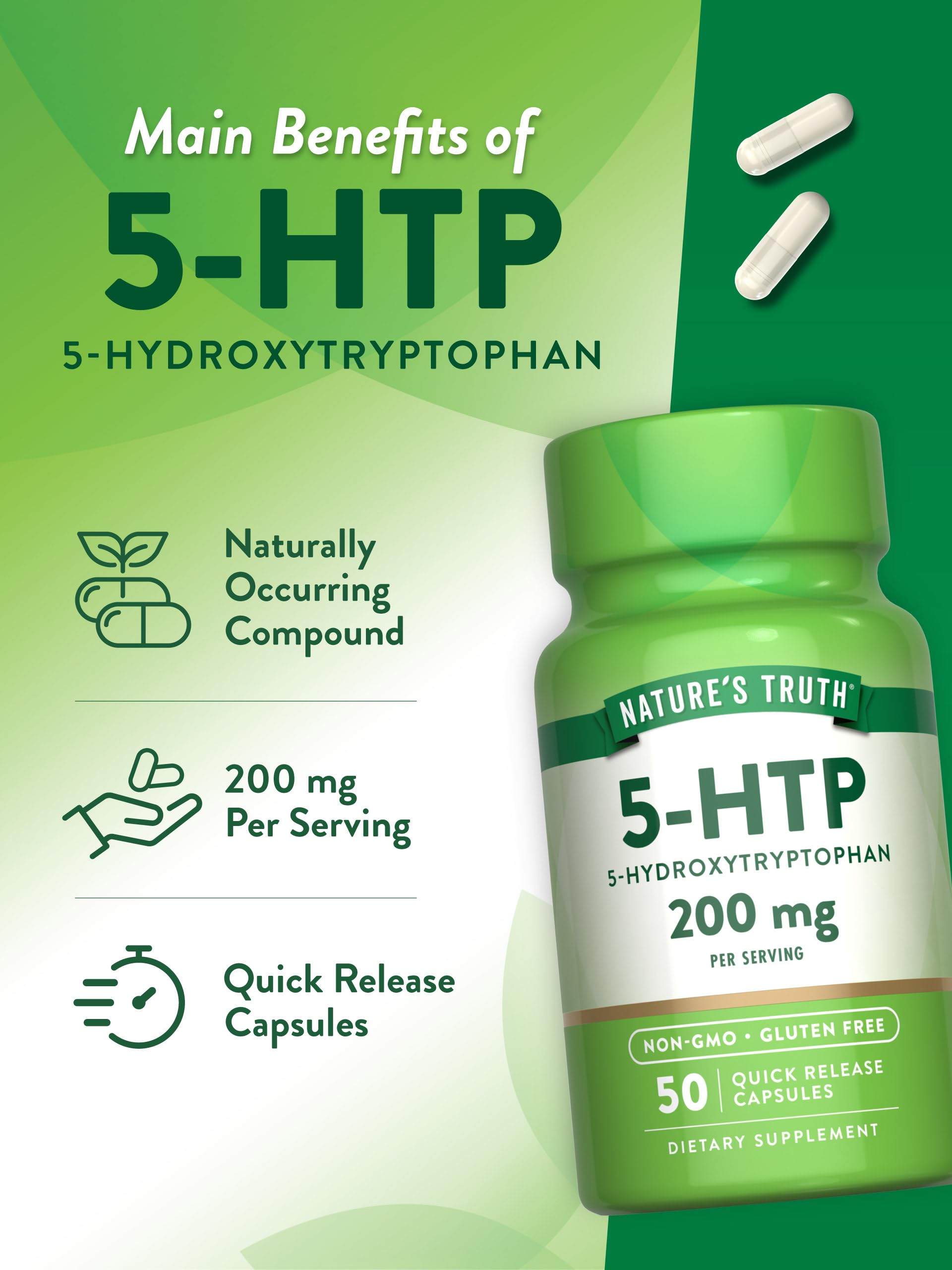 Nature's Truth 5HTP 200mg Capsules | 50 Count | 5 Hydroxytryptophan | Non-GMO & Gluten Free Supplement