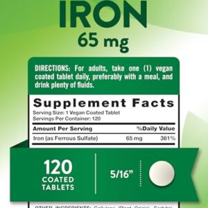 Ferrous Sulfate Iron Supplement | 65 mg | 120 Tablets | Non-GMO, Gluten Free | By Nature's Truth