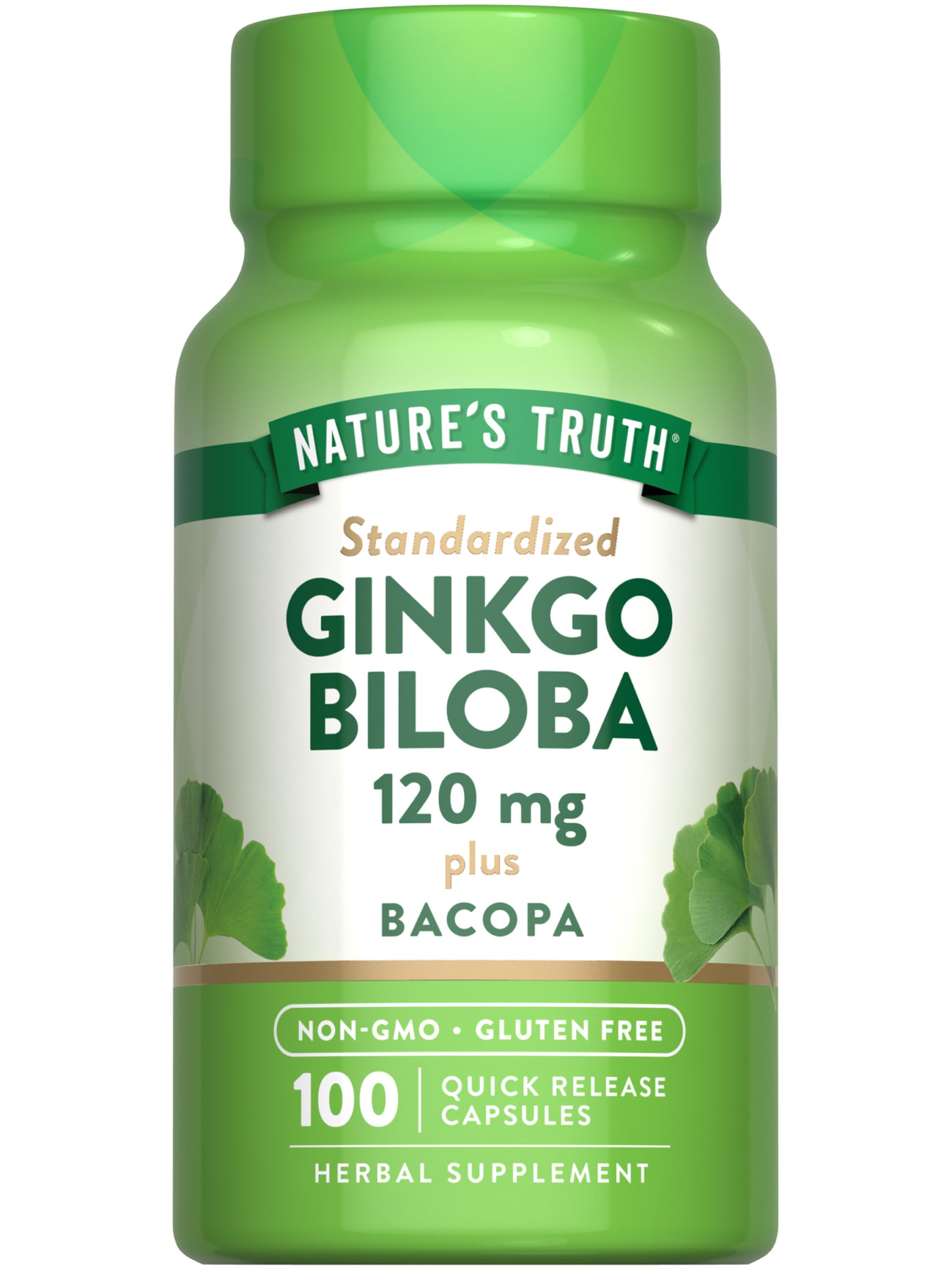 Ginkgo Biloba 120mg | Plus Bacopa | 100 Quick Release Capsules | Standardized Extract | Non-GMO and Gluten Free Supplement | by Nature's Truth