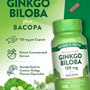 Ginkgo Biloba 120mg | Plus Bacopa | 100 Quick Release Capsules | Standardized Extract | Non-GMO and Gluten Free Supplement | by Nature's Truth