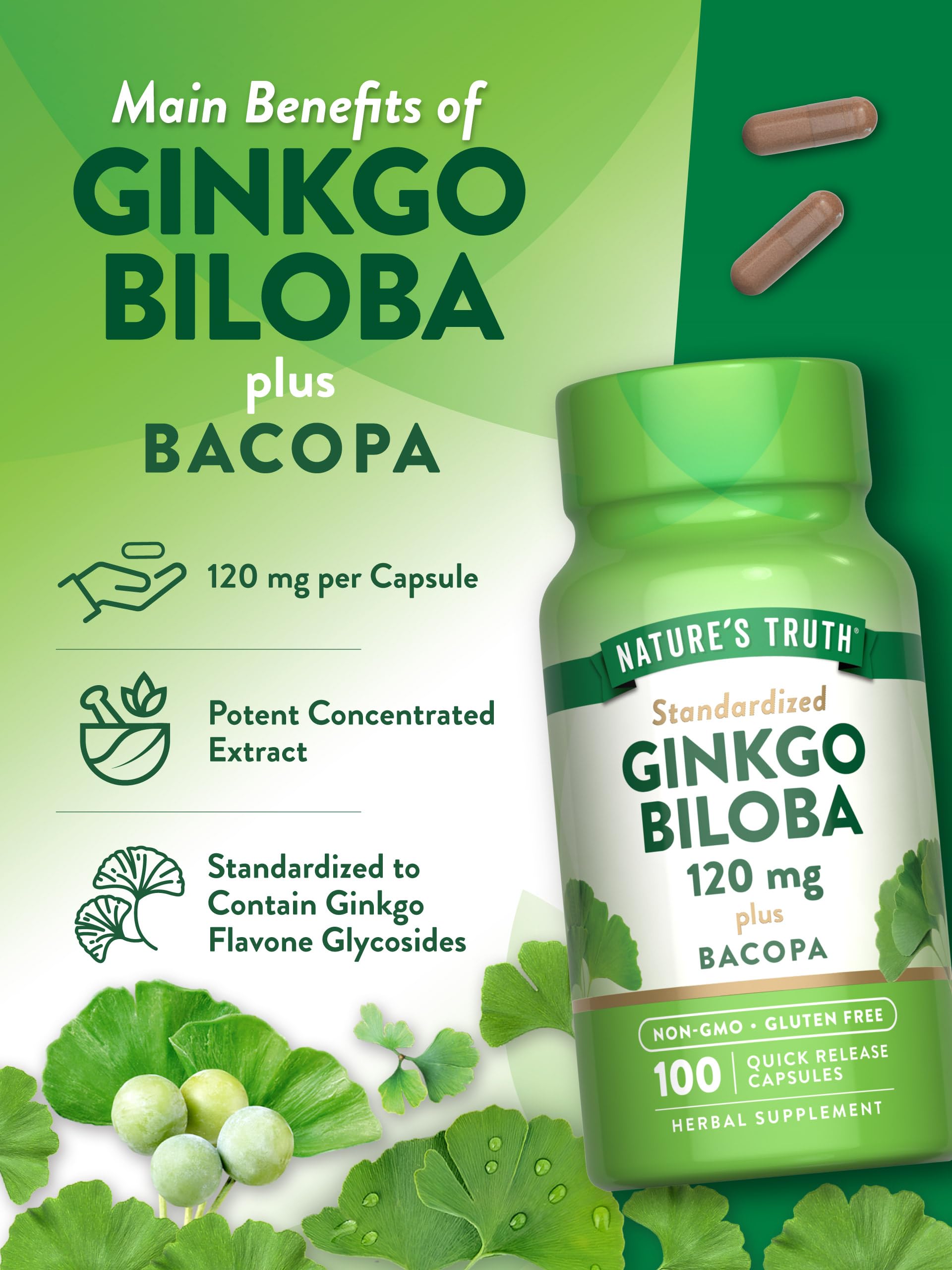 Ginkgo Biloba 120mg | Plus Bacopa | 100 Quick Release Capsules | Standardized Extract | Non-GMO and Gluten Free Supplement | by Nature's Truth