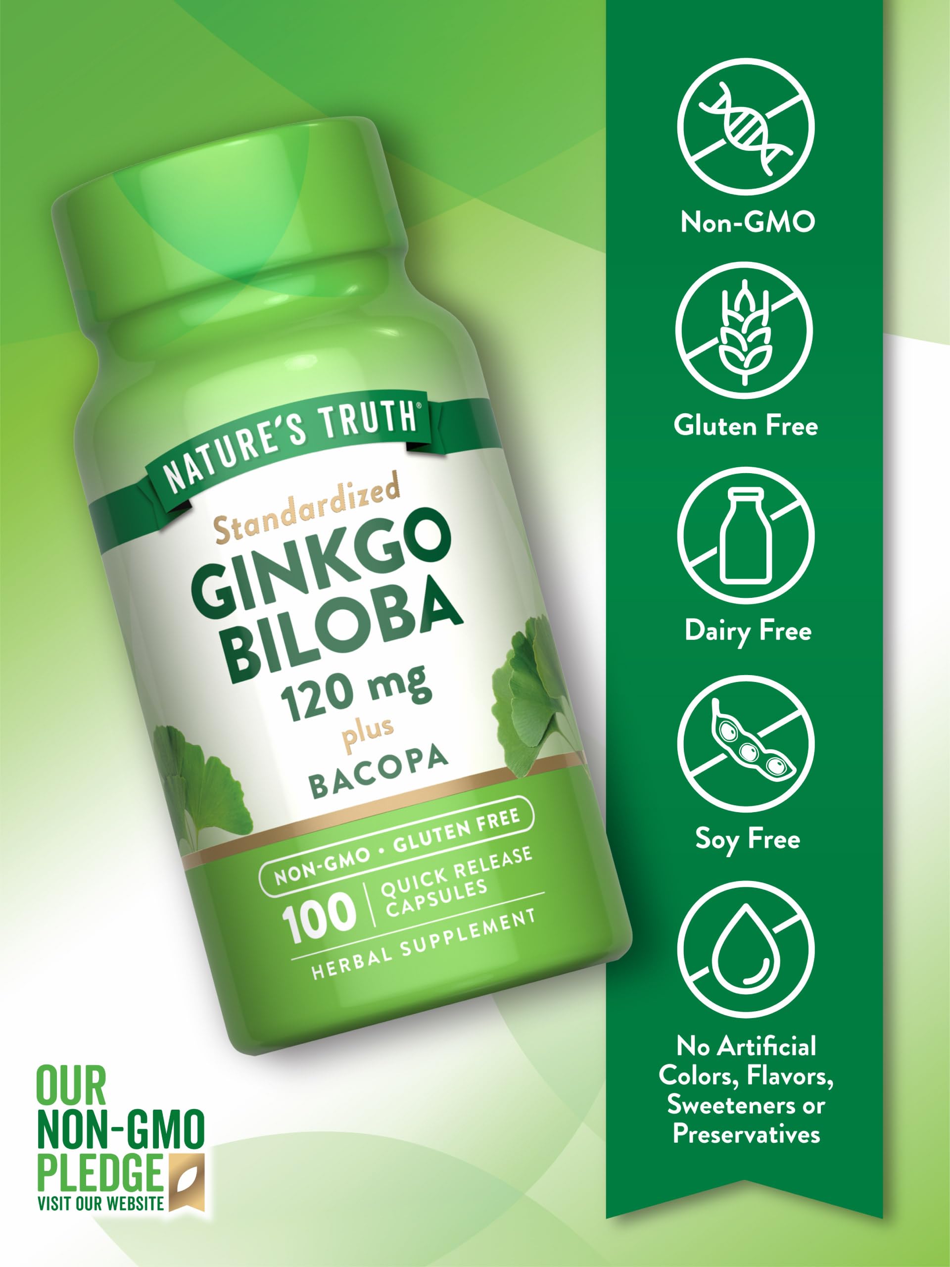 Ginkgo Biloba 120mg | Plus Bacopa | 100 Quick Release Capsules | Standardized Extract | Non-GMO and Gluten Free Supplement | by Nature's Truth