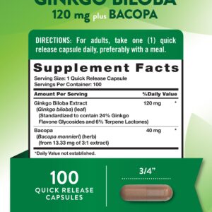 Ginkgo Biloba 120mg | Plus Bacopa | 100 Quick Release Capsules | Standardized Extract | Non-GMO and Gluten Free Supplement | by Nature's Truth