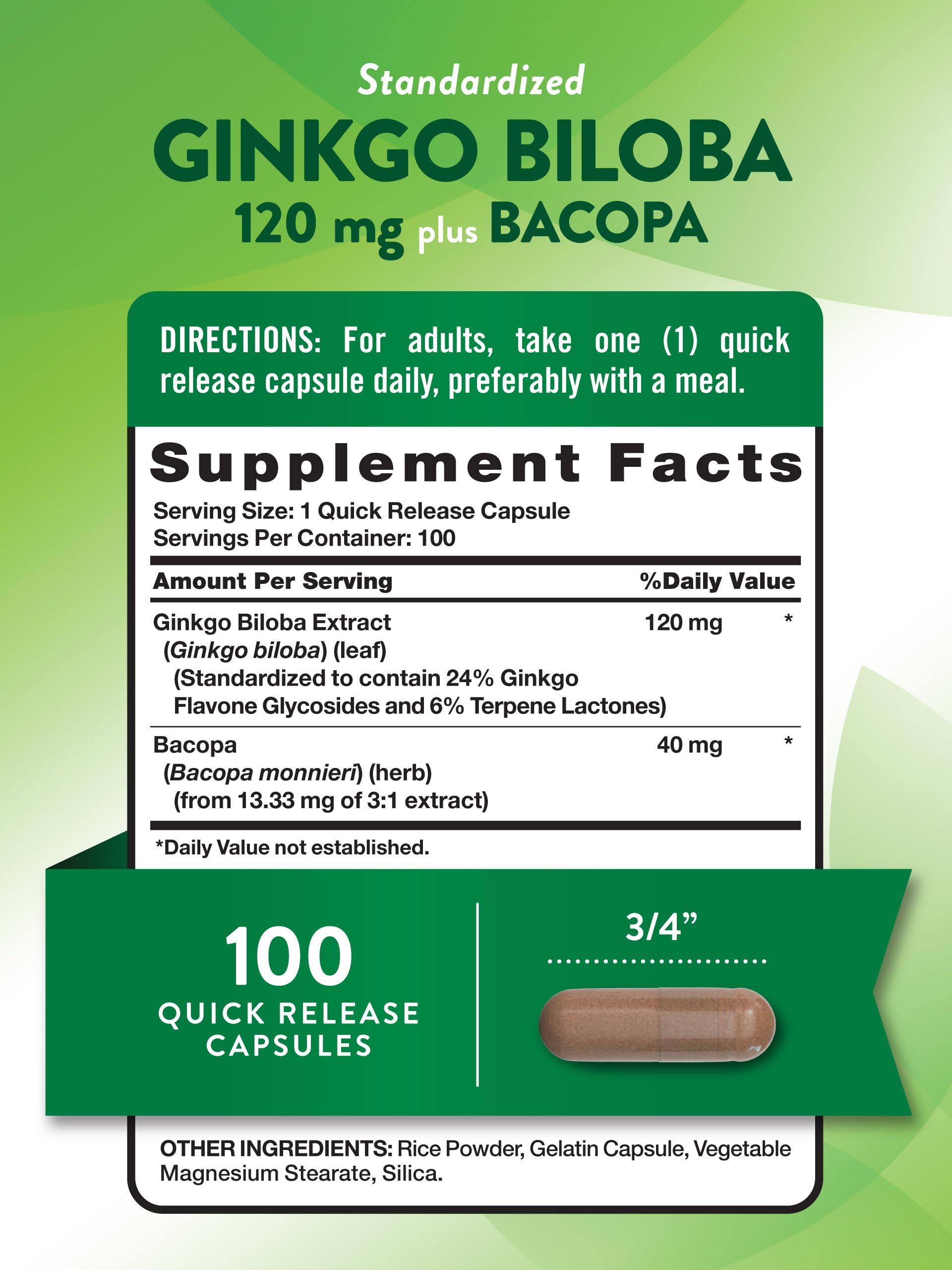 Ginkgo Biloba 120mg | Plus Bacopa | 100 Quick Release Capsules | Standardized Extract | Non-GMO and Gluten Free Supplement | by Nature's Truth