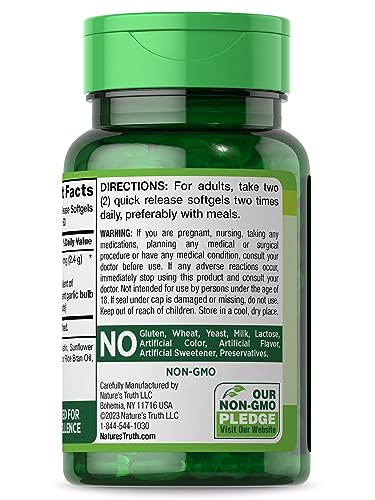 Odorless Garlic 2400 mg | 120 Softgel Capsules | High Strength Extract Pills | Non-GMO, Gluten Free Supplement | by Nature's Truth