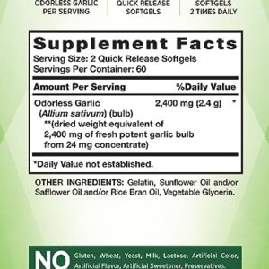 Odorless Garlic 2400 mg | 120 Softgel Capsules | High Strength Extract Pills | Non-GMO, Gluten Free Supplement | by Nature's Truth